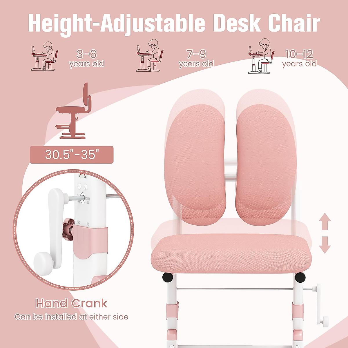 Costzon Kids Desk Chair, Height Adjustable Student Study Task Chair with Double Back Support, Rotatable Footrests, Mesh Ergonomic Office Chair, Kids Computer Chair for Boys Girls Bedroom School, Pink