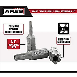 ARES 31004-10-Piece 5-Point Torx Plus Tamper Proof Security Bit Set - 25mm Length S2 Steel Precision Machined Security Bits - Storage Rail Included