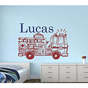 Name Wall Decal - Firetruck Wall Decal - Boys Kids Wall Decal - Custom Name Decal - Nursery Wall Decal - Fire Truck Vinyl Wall Art Decal (30"W x 22"H)