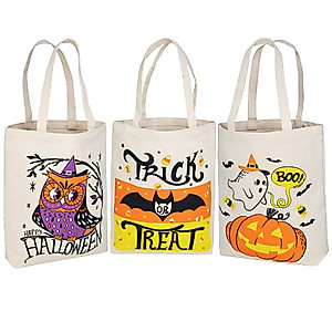 JOYIN 3PCS 13.75” Large Halloween Tote Treat Bags for Trick or Treating, Halloween Goodie Candy Bags, Reusable Canvas Gift Bags for Kids Party Favor Supplies, Snack Grocery Bags with Handles