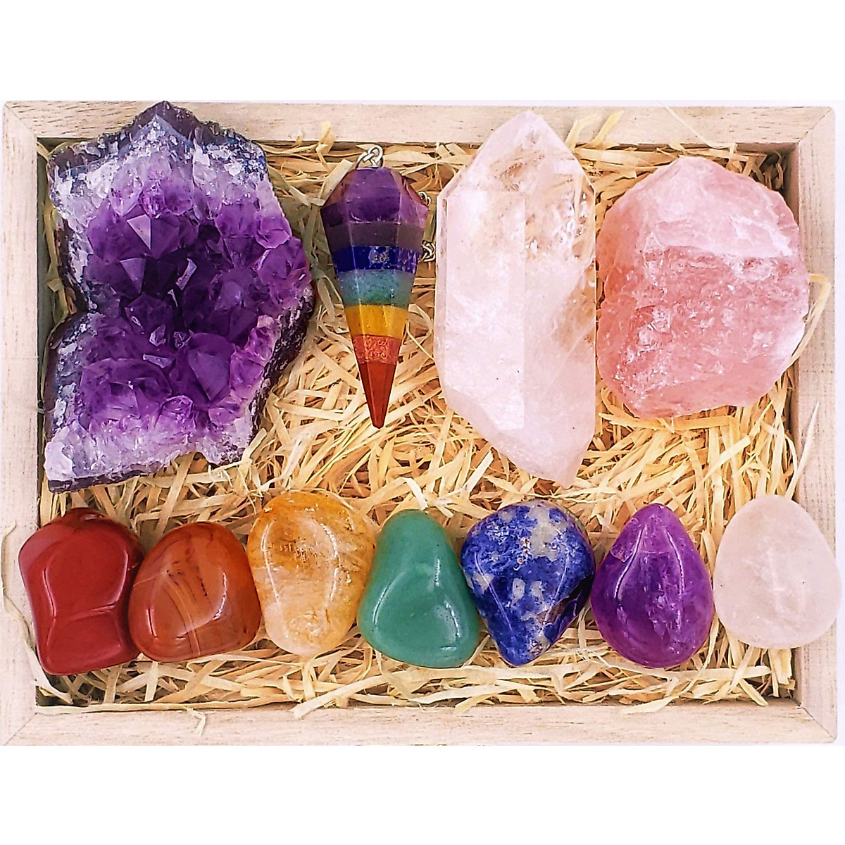 Premium Crystals and Healing Stones Premium Kit in Wooden Box - 7 Chakra Stones Healing Set, Rose Quartz, Amethyst Cluster, Quartz Points, Chakra Pendulum, EBook, Poster, Made-in-USA, Gift Ready