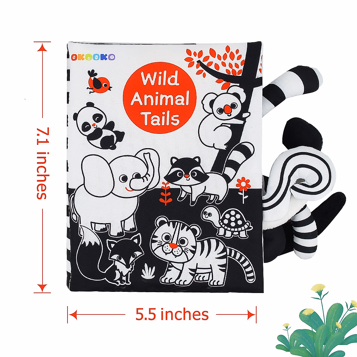 OKOOKO Soft Baby Book Black and White High Contrast Animals Tails Book Bath Book Montessori Sensory Stroller Toy Non-Toxic Crinkle Washable Early Education for Baby Infant Toddler