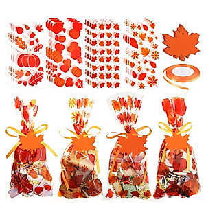Chinco 240 Pcs Fall Cellophane Treat Bags Thanksgiving Cellophane Candy Bags Bulk Leaves Goodie Gift Bags Autumn Cello Treat Bags with Fall Maple Leaf Tags for Fall Autumn Thanksgiving Party Supplies