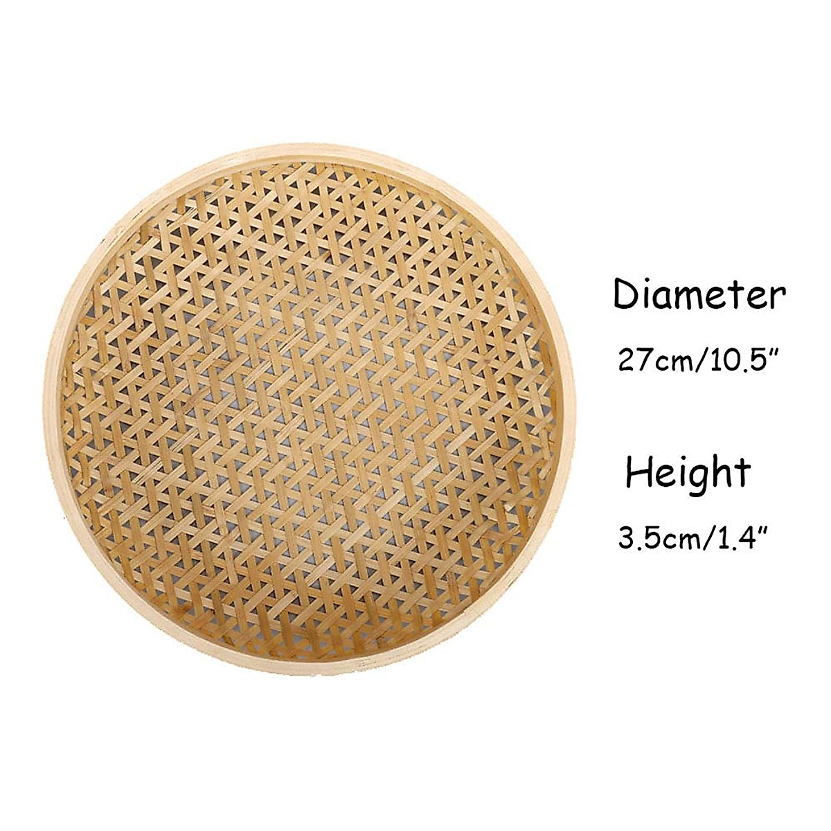 TimesFriend 100% Handwoven Flat Wicker Round Fruit Basket Woven Food Storage Weaved Shallow Tray Organizer Holder Bowl Decorative Rack Display Kids DIY Drawing Board (27cm/10.5")