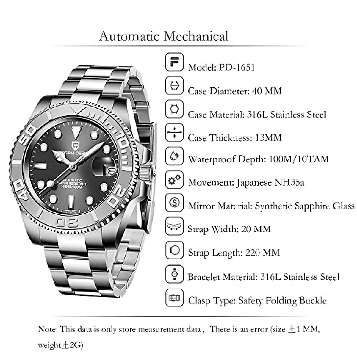 Mens Watches Pagani Design 1651 Wrist Watch for Men Automatic Mechanical NH35 Movement 100M Water Resistant Sapphire Glass Ceramic Bezel Stainless Steel Watch (White Grey)