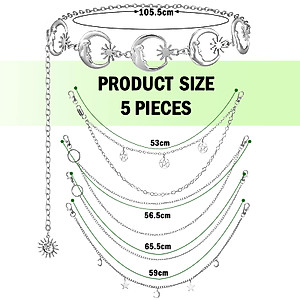 5 Pieces Chain Belt Pendant Belly Belt Body Chains Silver Metal Link Body Chain Belt Jeans Pants Chain Pocket Waist Chain Multilayer Hip Hop Metal Wallet Chain for Men Women (Moon Star)
