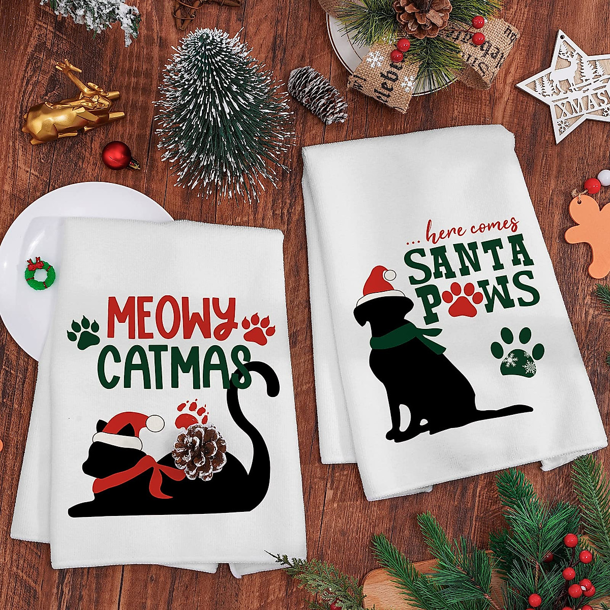 AnyDesign Christmas Kitchen Dish Towel Dog Cat Pet Lover Owner Gifts Funny Cute Xmas Hand Drying Tea Towels Ultra Absorbent Holiday Cloth Towel for Cooking Baking, 18 x 28 Inch, 2 Pack