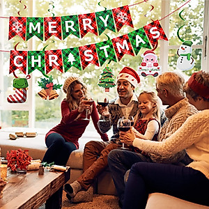 cobee Merry Christmas Banner, Xmas Signs Hanging Banner, Plaid Red Green Christmas Banner with Christmas Tree Santa Elk and Sock Snowman Spiral Strip Ornaments for Home Wall Fireplace Party Supplies