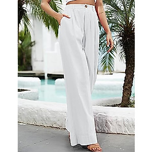 Kocowoo Linen Wide Leg Dress Pants for Women High Waisted Palazzo Pants Casual Lounge Beach Trousers with Pocket. White