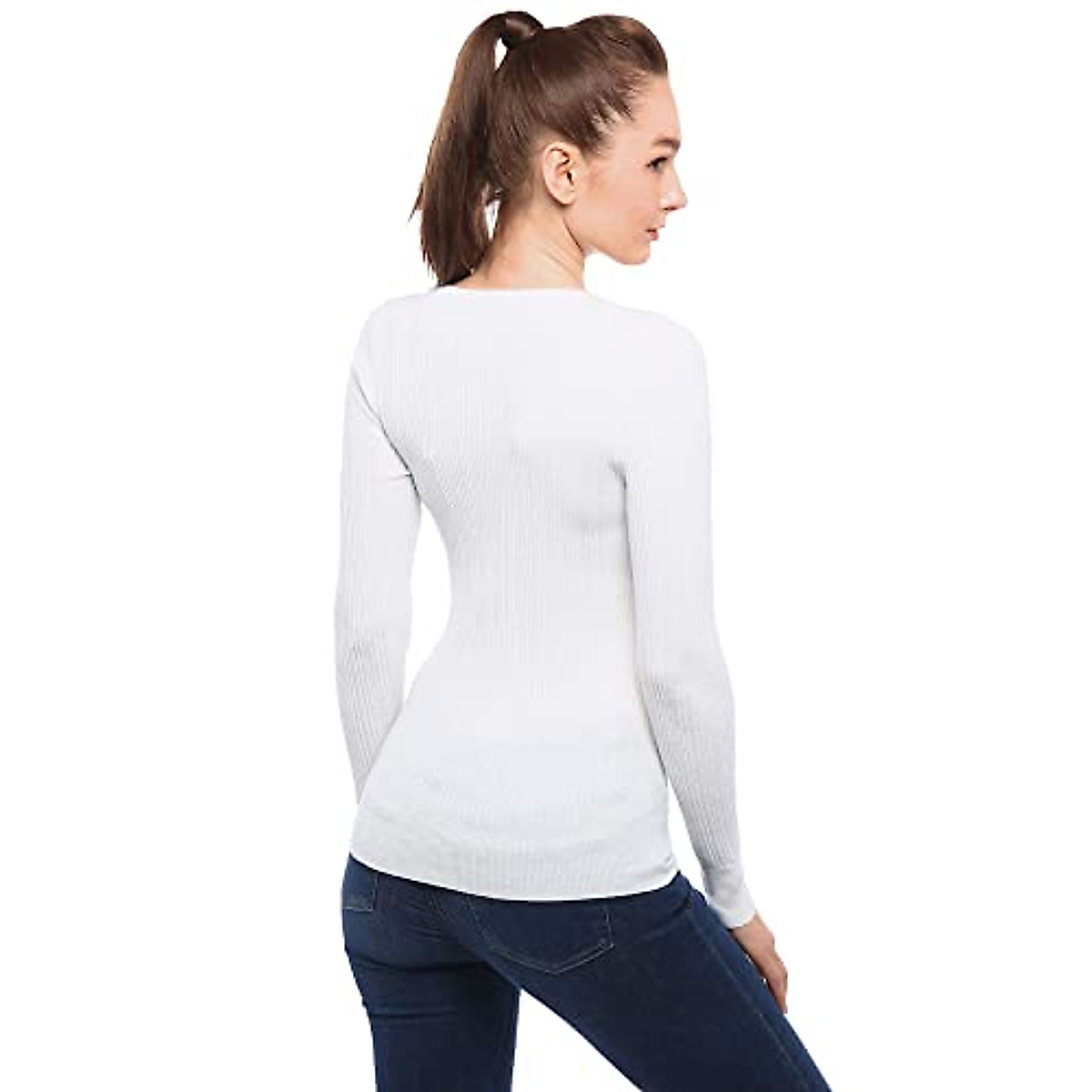 AmélieBoutik Women V Neck Long Sleeve Ribbed Pullover Knit Sweater Top (Ivory White Medium)