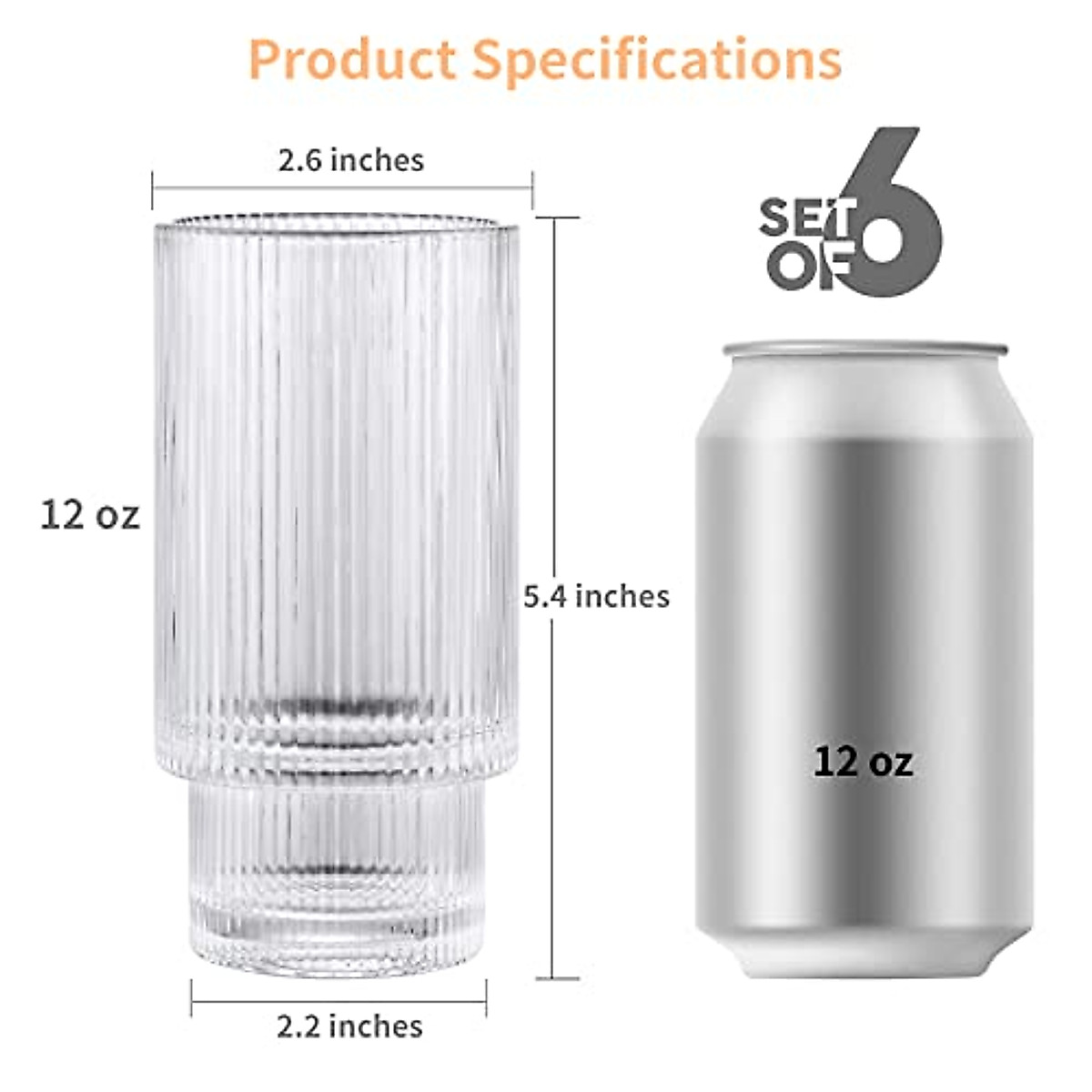 BJMEDYM Ribbed Glassware, Vintage Glassware 6pc Set, 12 oz Origami Style Glass Cup, Ripple Drinking Glasses, Fluted Glassware, Ribbed Drinking Glasses