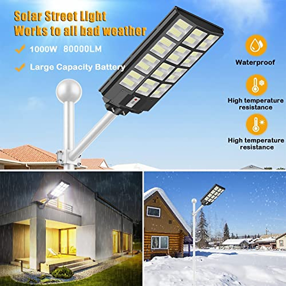 INSDEA 1000W Led Solar Street Light Outdoor, 80000LM IP65 Waterproof Solar Security Flood Lights Motion Sensor with Remote Control, Dusk to Dawn Solar LED Light Lamp for Garden Yard Parking Lot