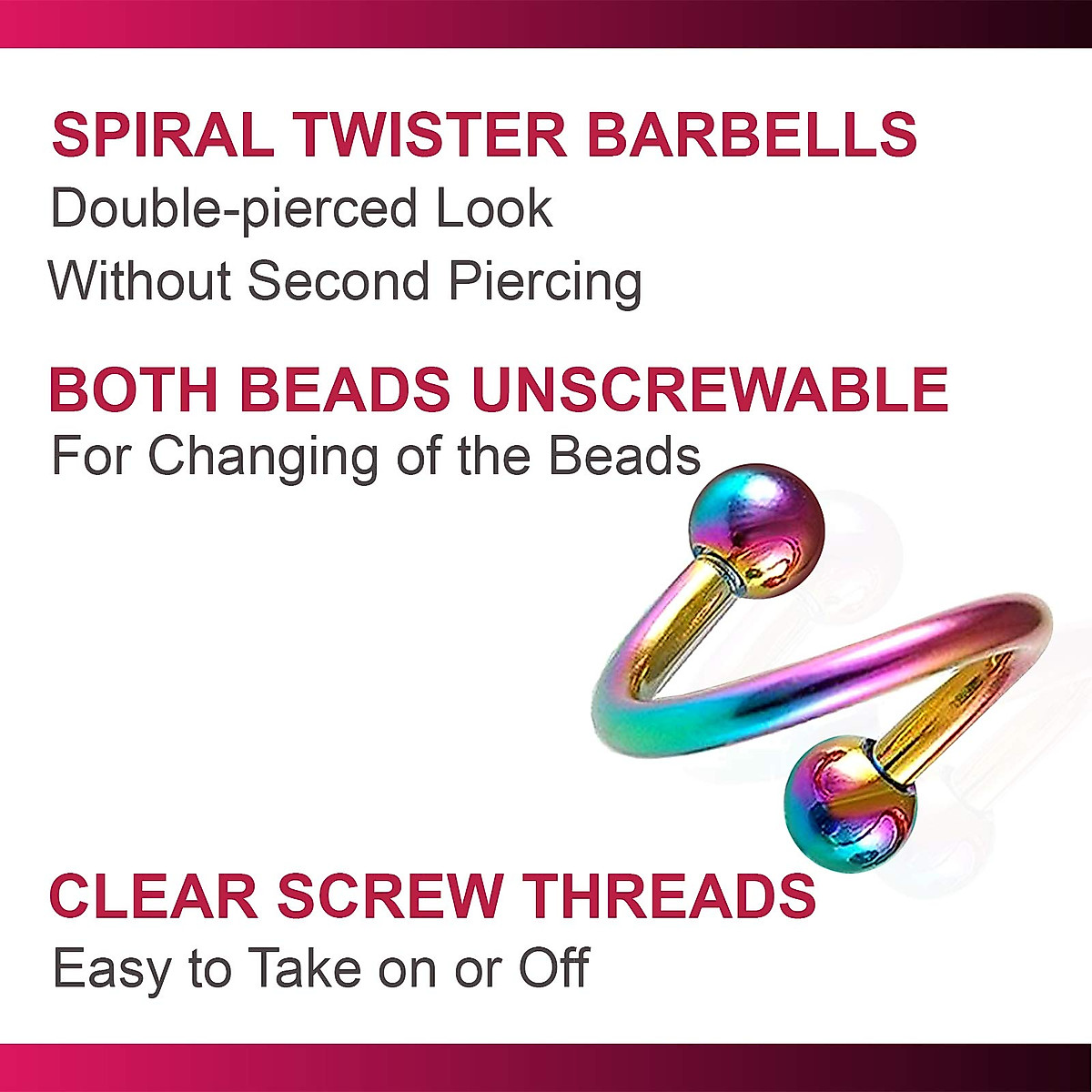 bodyjewellery 14g 14 gauge 3/8 Rainbow surgical steel eyebrow lip bar ear tragus Twist earring ring spiral Barbell ball AQTI Piercing 3pcs
