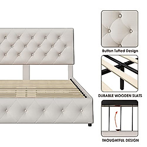 Queen Bed Frame with 4 Storage Drawers and Adjustable Headboard, Upholstered Platform Bed with Button Tufted Design, Strong Wooden Slats Support, No Box Spring Needed, Fabric, Cream