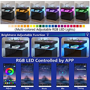 HOMMPA LED Nightstand with Wireless Charging Station & USB Ports High Gloss Bedside Table with LED Light RGB Adjustable Brightness Smart Nightstand 2 Drawers Night Stand for Bedroom Black