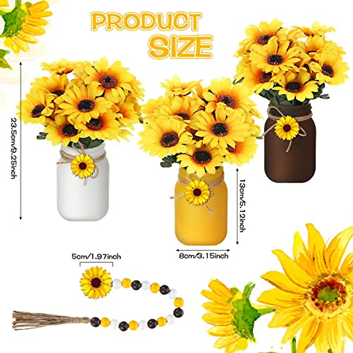 13 Pcs Mason Jar Table Centerpiece Faux Sunflower and Lemon Kitchen Decor and Accessories and Beaded Garland Spring Summer Farmhouse Decoration for Home Kitchen Tiered Tray Decor (Sunflower Style)
