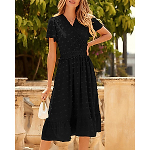 BTFBM Women's Summer Elegant Short Sleeve V Neck Swiss Dot Midi Dresses Cute Boho High Waist Long Dresses A-Line Ruffle Dress（Solid Black,X-Large