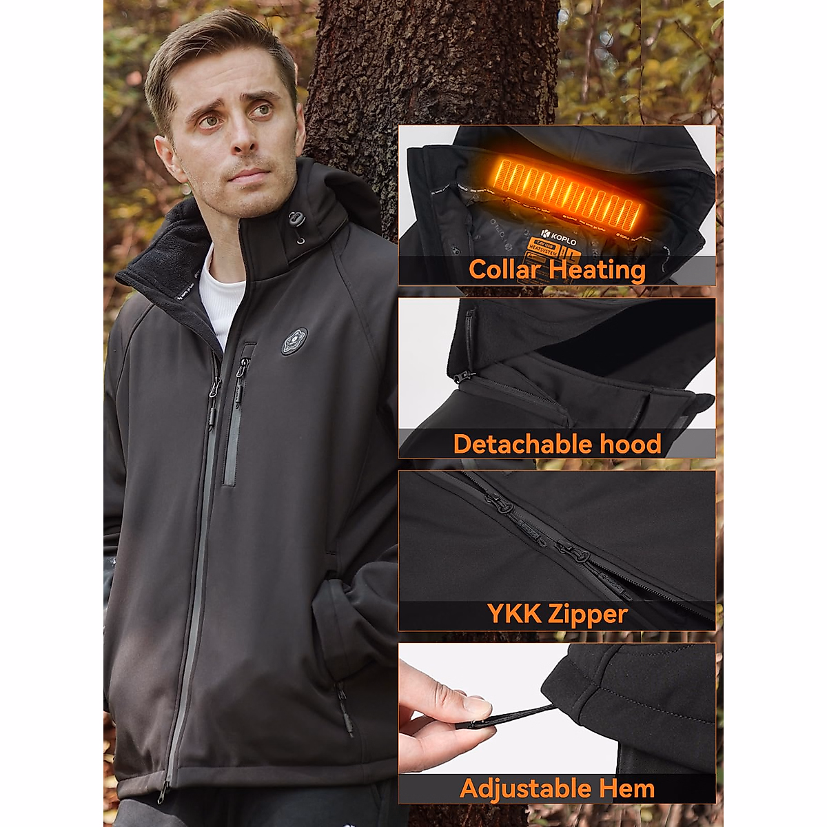 KOPLO Heated Jacket for Men, 14400mAh Battery Pack with Detachable Hood, Waterproof Outdoor Heating Jacket-L