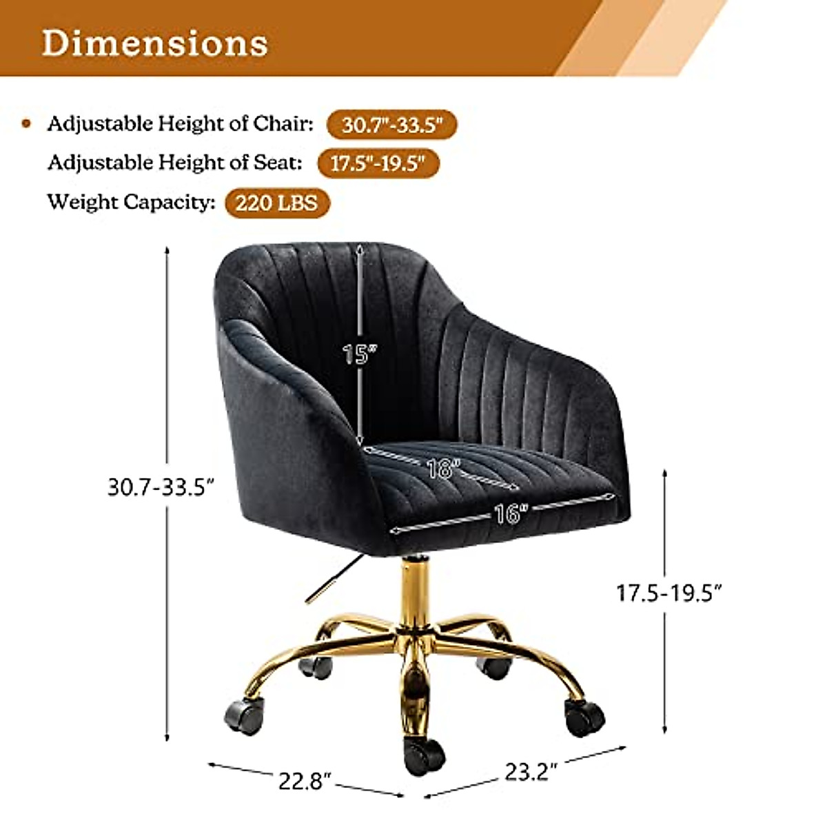 HULALA HOME Velvet Home Office Desk Chair, Modern Cute Computer Task Chair, Wheels Swivel Height Adjustable Upholstered Vanity Chair for Women, Girls (Gold Base, Black)