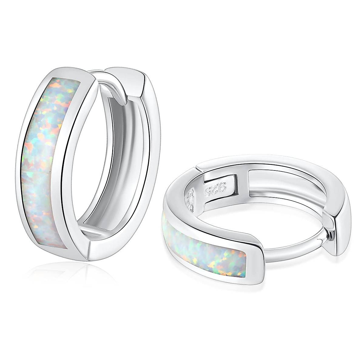 White Gold Plated Fire Opal Bezel Setting Birthstone Hoop Earrings