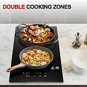 AMZCHEF 2 Burner Electric Cooktop 12 Inch, Domino Electric Stove Top 120v Plug Ceramic Cooktop with 1800W 9 Power Levels,Sensor Touch,Child Lock,Residual Heat Indicator,Built-in&Countertop,Upgraded