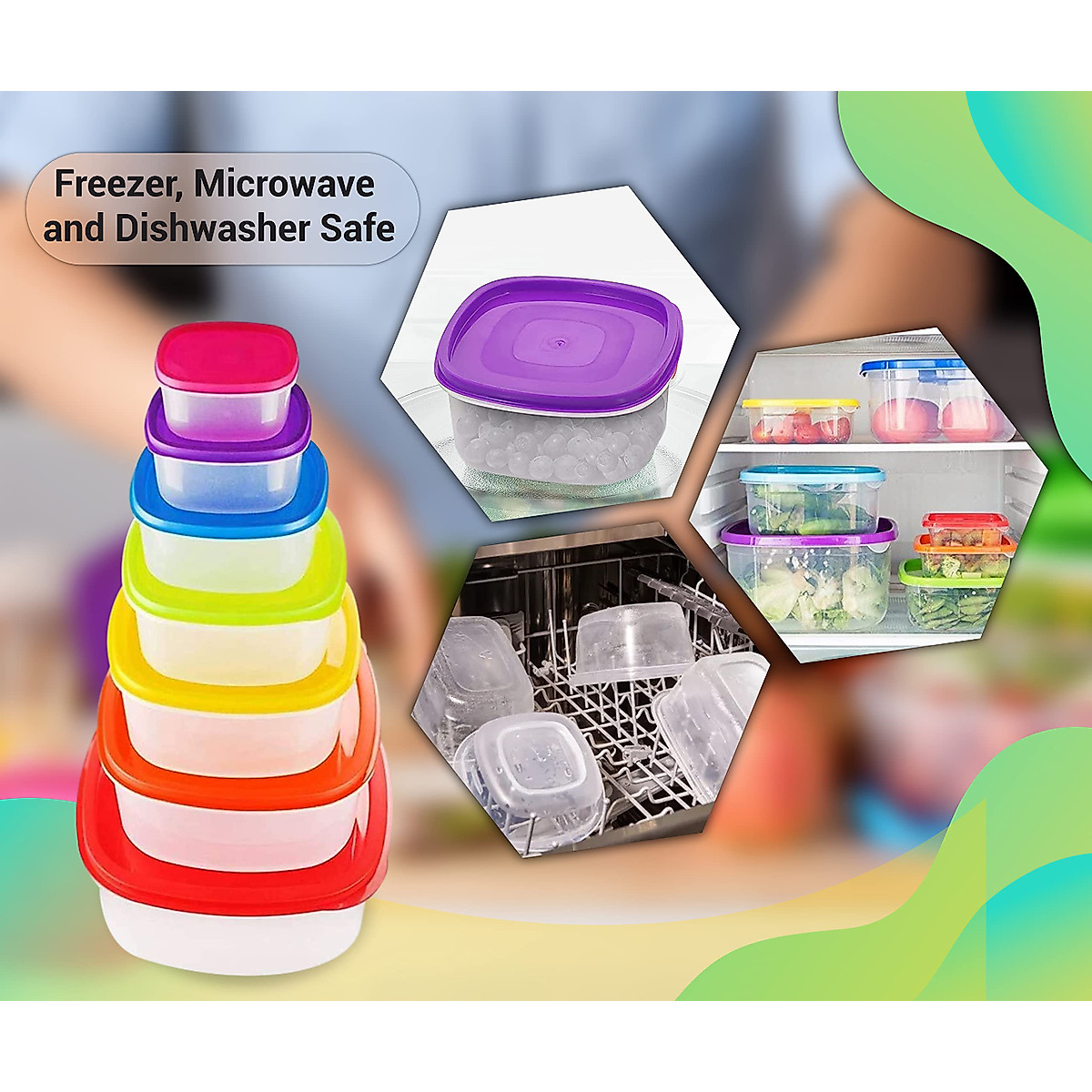 ARSUK Plastic Food Containers Set with Airtight Lids 7 PCs, Kitchen Storage Organization Stackable Containers for Lunch Snacks Sandwich Sauces, BPA Free Microwave Freezer Dishwasher Safe