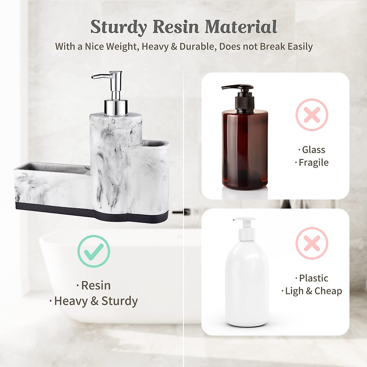 zccz Soap Dispenser with Sponge Holder and Brush Holder, Marble Pattern Kitchen Dish Soap Dispenser Pump Bottle Countertop Sink Caddy Bathroom Organizer Sponge Holder for Sink Storage and Organization