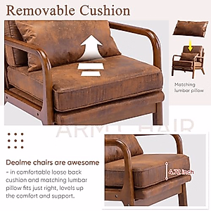 Mid Century Modern Accent Chair Set of 2 Living Room- Comfy Solid Wood Arm Chair with Lumber Pillow Lounge Decorative Brown Leather Office Side Chair Bedroom Reading Nook Sillas De Sala Microfiber