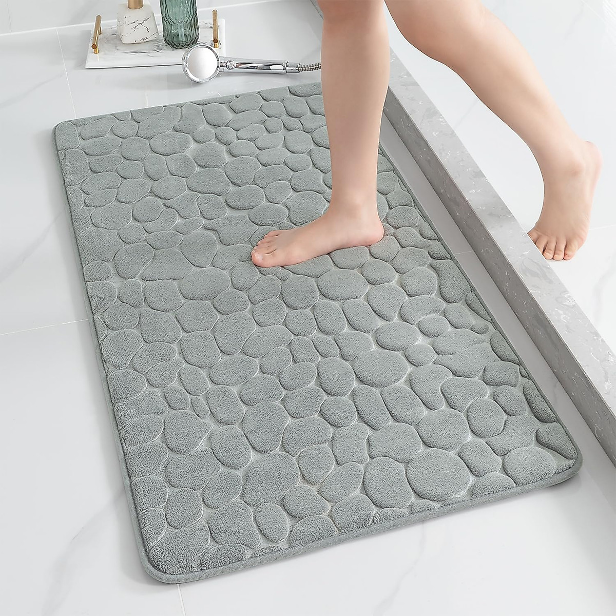 YIHOUSE Memory Foam Runner Rug, Cobblestone Bathroom Runner Rugs Super Water Absorbent Bath Mats for Bathroom Machine Washable Bath Rugs Runner for Hallway Bedroom Laundry Room(24 x 47,Light Gray)