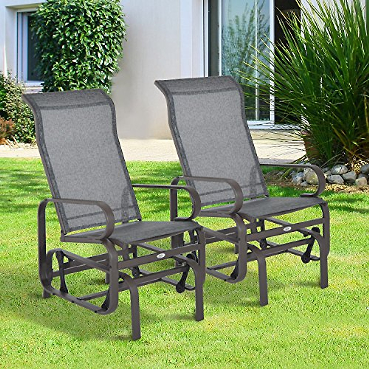Outsunny Set of 2 Outdoor Patio Glider Rocking Chair Fabric Metal Mesh - Brown