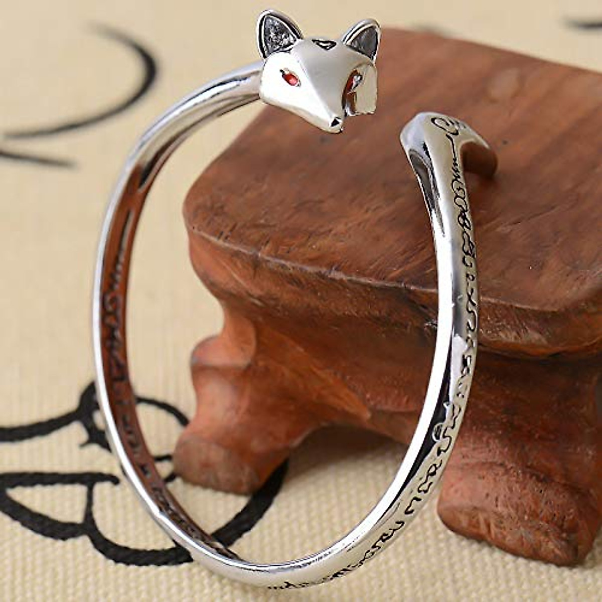 Fox Bracelet Rune Symbol Animals Adjustable Bangle Cute Lovely Fox Tail Wrap Cuff Bracelets Best Gift for Fox Lover Gifts Women Friend Jewelry-A silver purple eye