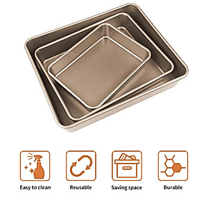 SuperMa 3 Pack Deep Baking Pans Set Nonstick Rectangular Cookie Sheets 9 11 13 Inch Baking Sheets for Baking Bread, Toaster Bakeware Gold
