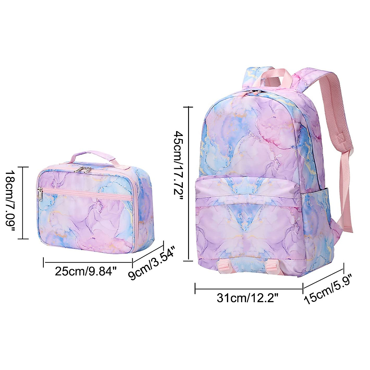 JiaYou Junior high school Backpack Sets 2Pcs Daypack with Lunch case Girls Middle school Bag(Purple,20 Liters)