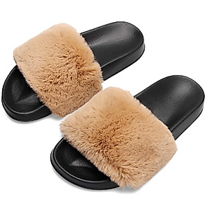 Spesoul Womens Fuzzy Slides Open Toe Furry Slide Slippers Indoor Outdoor Slides Sandals Casual Flat Fluffy House Slippers 9