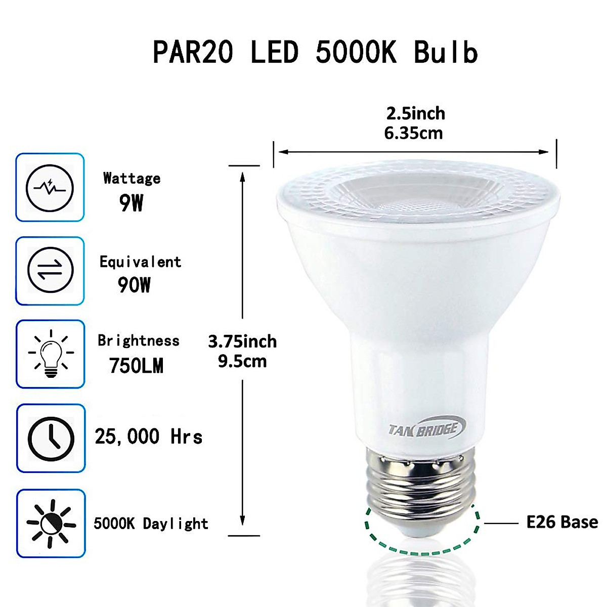 Hanway Recessed Daylight LED Light Bulbs Dimmable Energy Efficient 5000K Par Lamps with 9W(90Watts) E26 Base Indoor Outdoor Par20 Flood Lights Bulbs White Light 6 Pack