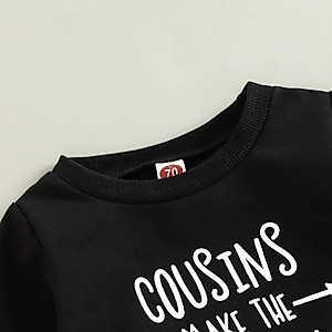 Kuriozud Fall Baby Boy Outfits Cousins Long Sleeve Crew Neck Sweatshirt Pullover Top+Solid Drawstring Pants Set (Black Brown, 3-6 Months)