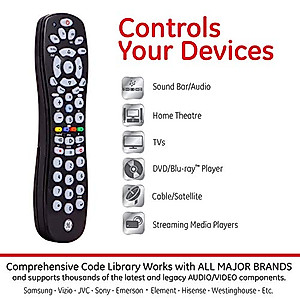 GE Universal Remote Control for Samsung, Vizio, Lg, Sony, Sharp, Roku, Apple TV, TCL, Panasonic, Smart TVs, Streaming Players, Blu-Ray, DVD, 6-Device, Black, 34459