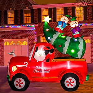 8 FT Christmas Inflatables Yard Decorations, Blow Up Santa on Red Truck with Christmas Tree and Elfs, Light Up Holiday Inflatables for Indoor Outdoor, Xmas Party, Lawn, New Year