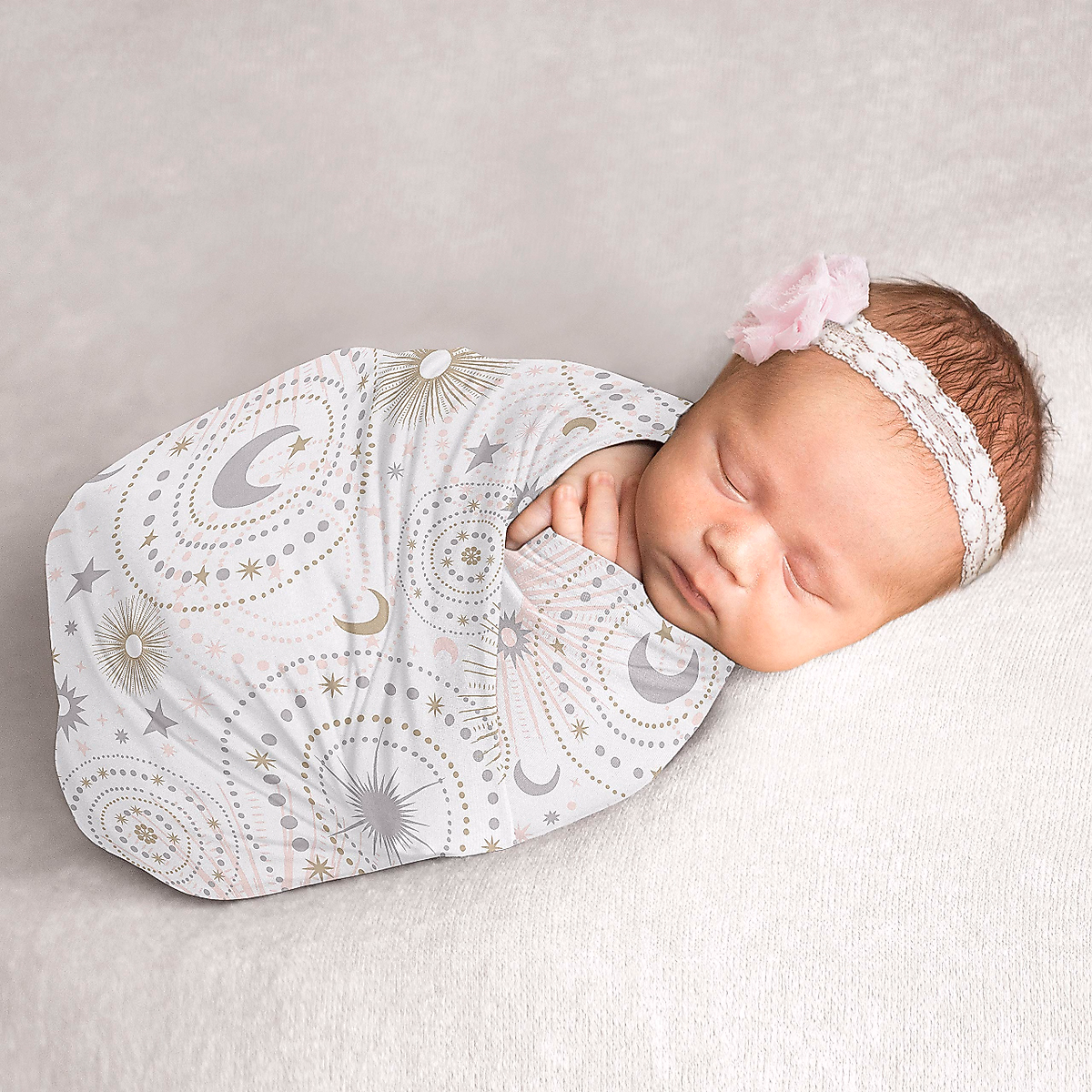 Sweet Jojo Designs Star and Moon Baby Girl Swaddle Blanket Jersey Stretch Knit for Newborn or Infant Receiving Security - Blush Pink, Gold, and Grey Celestial
