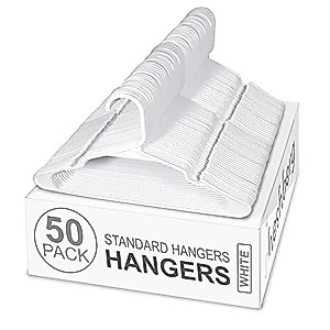 Heshberg Plastic Notched Hangers Space Saving Tubular Clothes Hangers Standard Size Ideal for Everyday Use on Shirts, Coats, Pants, Dress, Skirts, Etc. (50 Pack, White)