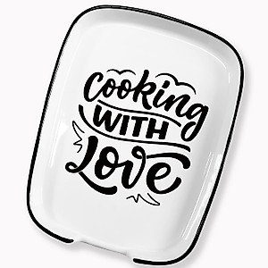 Ceramic Patterned Fork Spoon Rest with Message Cooking with love, Functional Kitchenware Spoon Rest Suitable for Kitchen Countertop Stove Top Kitchen Accessory and Gift for Cooking Enthusiasts