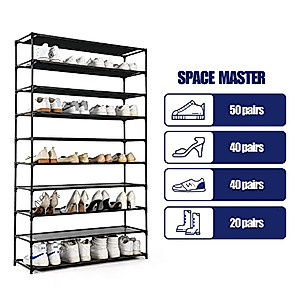 HODYANN 50 Pairs Shoe Tower, Non-Woven Fabric&Metal Storage Cabinet, 10 Tiers Shoe Rack for entryway