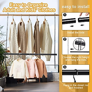 Hanging Closet Rod 48in, 6 Height Adjustable Heavy Duty Closet Rod, Black