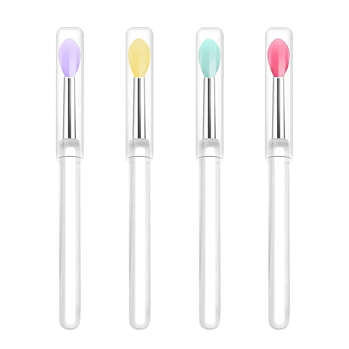 LORMAY Silicone Lip Brushes with Transparent Handles and Caps. Perfect Applicators for Cream Lip Mask, Eyeshadow, and Lipstick (4pcs, Multicolor)