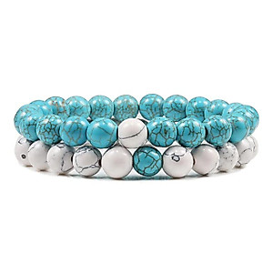 Alex & Sisters Distance Couples Beaded Bracelet Set Tiger Eye Stone Beaded Yoga Bracelets for Men and Women Elastic Rope Jewelry (white+turquoise)