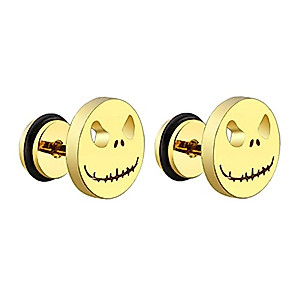 Stainless Steel Black/Silver Jack Skellington Cut-Out Round Circle Button Stud Post Earrings（10mm） ER72 (Gold)
