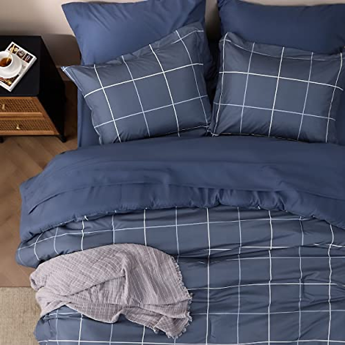 Bedsure Twin Comforter Set - 5 Pieces Navy Blue Grid Bedding Sets Twin Bed in A Bag with Comforters Twin Size, Sheets, Pillowcase & Sham, Bed Sets