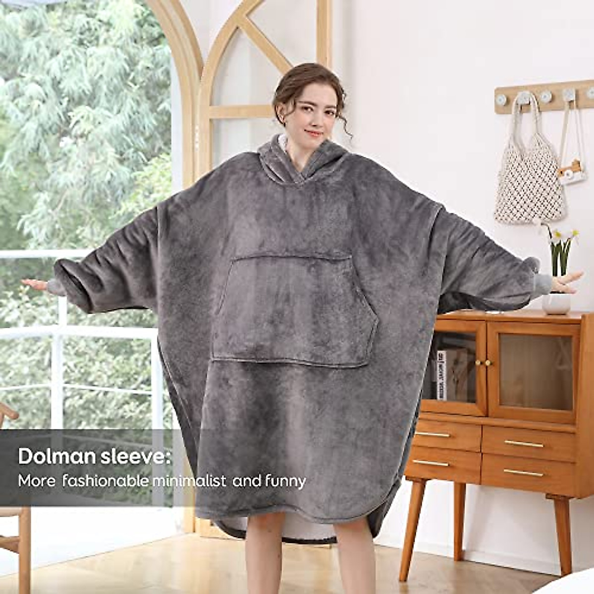 Pawque Wearable Blanket for Adults Women Men, Super Warm and Cozy Oversized Sweatshirt, Big Blanket Hoodie with Dolman Sleeves and Giant Pocket, One Size Fits All, Grey