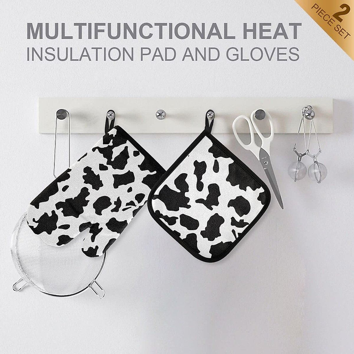 Sletend Cow Print Oven Mitts and Pot Holders Sets 2pcs Non-Slip Kitchen Heat Resistant Hot Pads for Women Cooking Gloves Baking Wear BBQ
