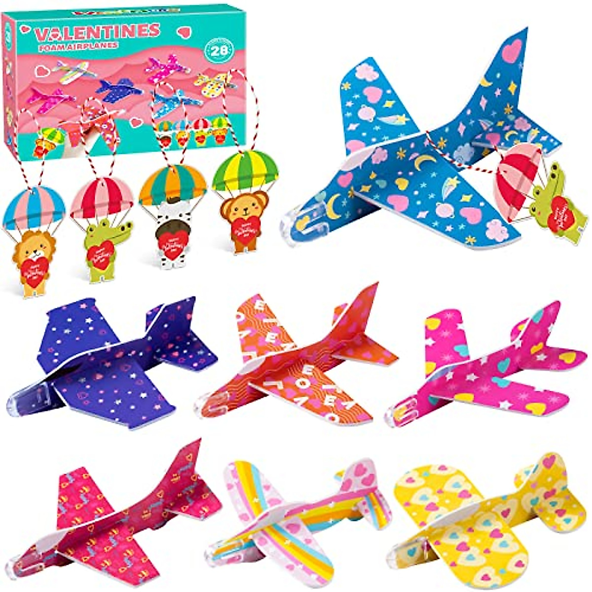 Valentine’s Day Card for kids, 28 Pack Foam Airplanes Set with Valentines Greeting Cards for Boys Girls, Valentine Treat Bags Stocking Stuffers Classroom Prize Party Favors Toy Exchange Gifts
